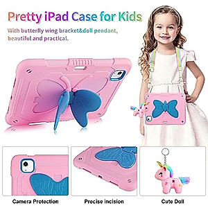 for iPad Air 5th/4th Generation Case with Screen Protector,iPad Pro 11 Inch Case Butterfly Stand Strap Cute Dolls Pencil Holder Kids Hard Cover for iPad Air 4th 5th 10.9/iPad Pro 11 2022-Pink Blue