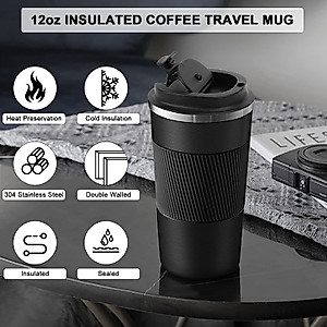 AZFUNN 12oz Travel Mug for Car with Leakproof Lid, Coffee Cup Insulated Double Walled Vacuum Stainless Steel Travel Tumbler for Keep Hot & Ice Coffee Tea Beer (Black)