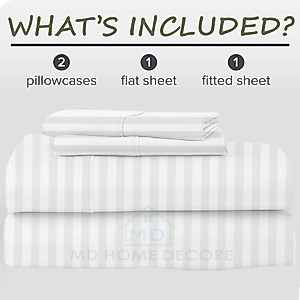 Extra Deep Pocket Sheets (4-Piece) 100% Egyptian Cotton 400 Thread Count Bed Sheet Set 22 inch Deep Pocket of Fitted Sheet with Elastic All Around (Queen, White Stripe)