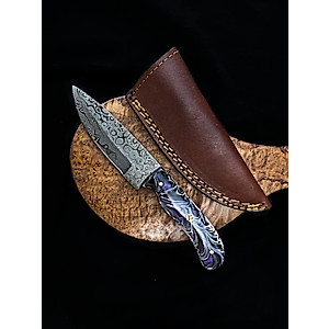 Titan International Knives Damascus Steel Fixed Blade Hunting and Skinning Knife | Handmade 1095 4340 Carbon Mix Hand Pounded | Stabilized Acrylic Handle includes Leather Sheath