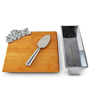 Arthur Court Designs Bamboo Cheese Board with Aluminum Grape Accent Cracker Tray and Spreader 8.5 inch x 8.5 inch board