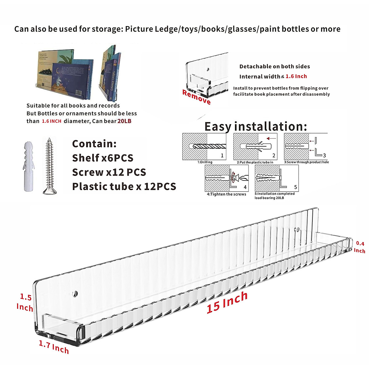 Cq acrylic Clear Floating Bookshelf for Kids Room,15" Invisible Wall Mounted Hanging Book Shelves, U Modern Picture Ledge Display Toy Storage Vinyl Record Wall Shelf,Pack of 6