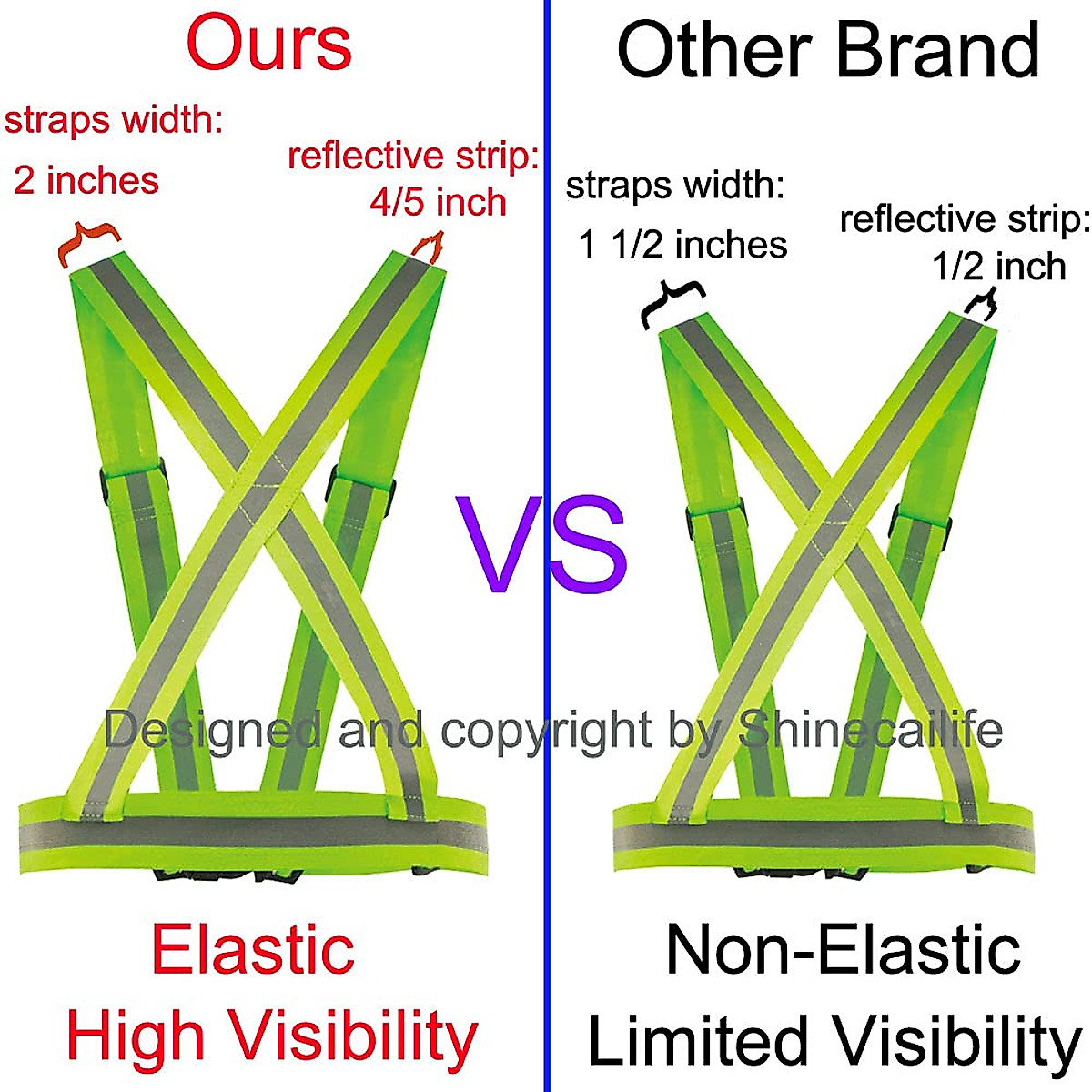 Shinecailife Extra Wide/Big High Visibility Safety Reflective Vest,2" Wide Strap,0.8" Wide Reflective Strip,Adjustable,Elastic for Safety Running,Construction,Cycling,Walking,Size 4-22(S-2XL)