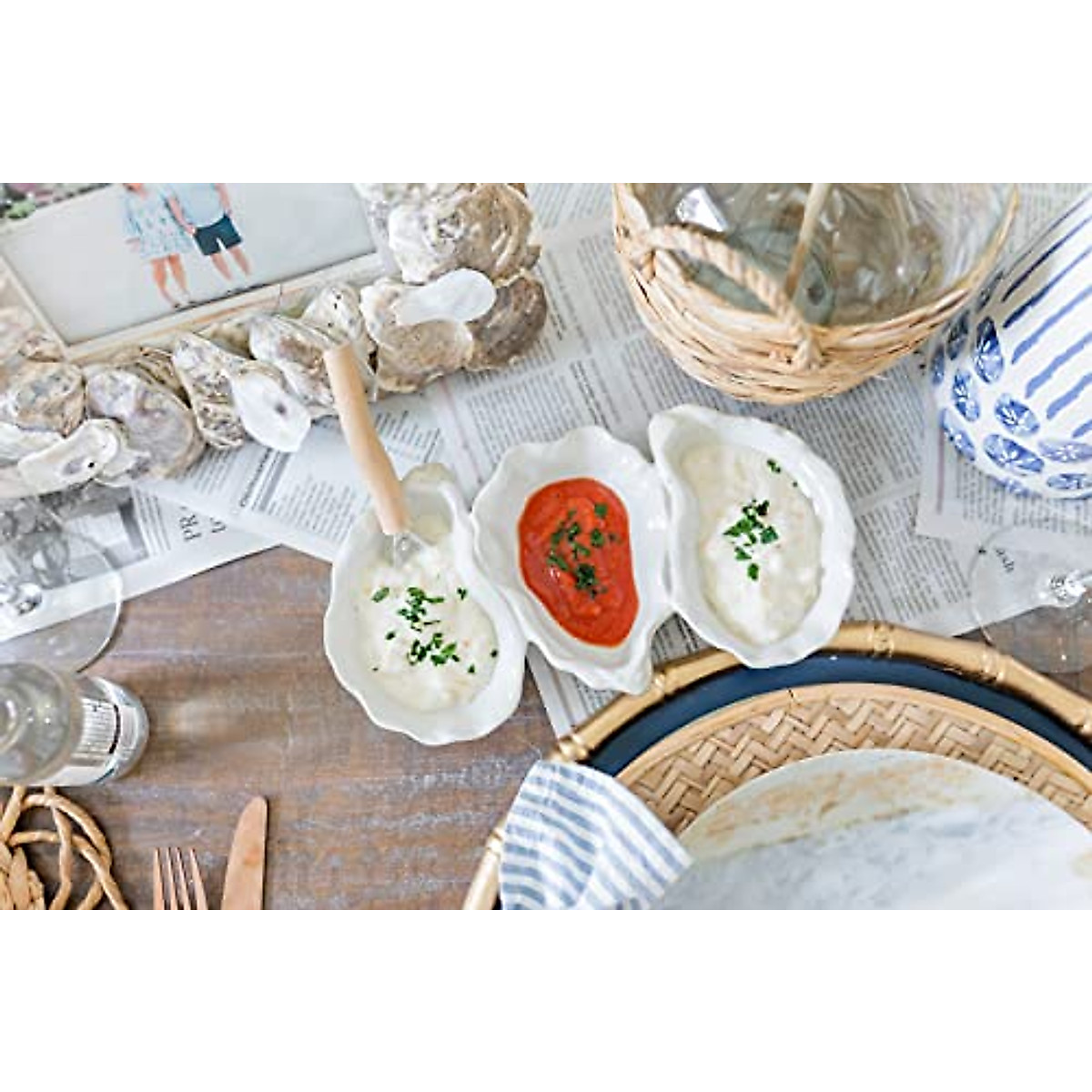 Mud Pie, White, 10.25" x 5.5" Oyster Shaped Triple Dip and Serving Set