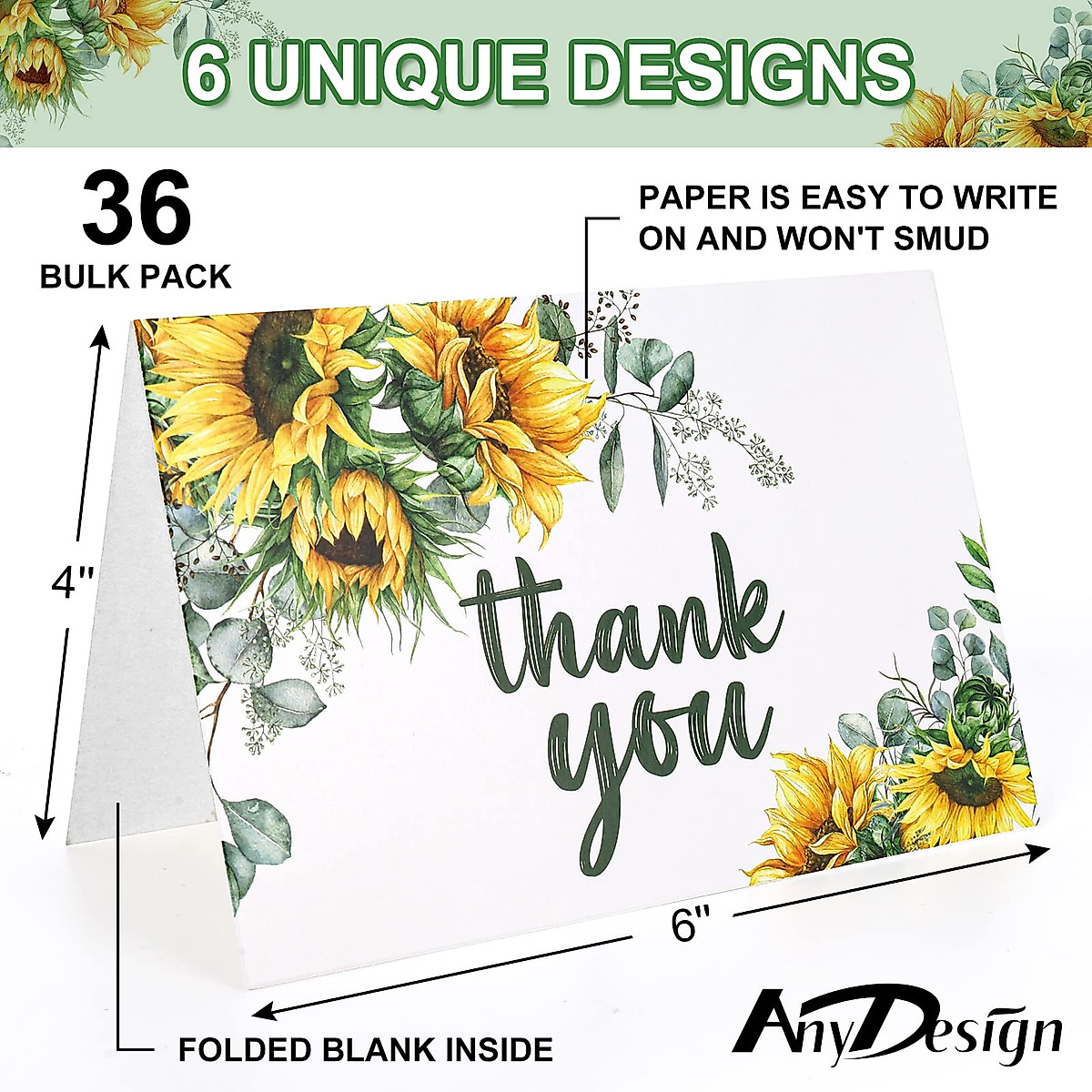 AnyDesign 36Pack Sunflower Eucalyptus Thank You Cards Bulk Watercolor Floral Greeting Cards with Envelopes Matching Seal Stickers Flower Note Cards for Wedding Birthday Baby Shower Bridal Party