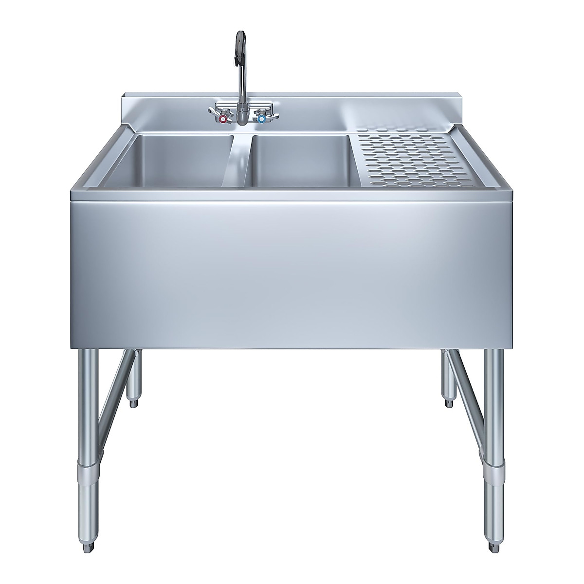 AmGood 2 Compartment Under Bar Sink With 12" Right Drainboard and Faucet - 36" X 18 3/4". NSF. Commercial Two Bowl Under Bar Sink