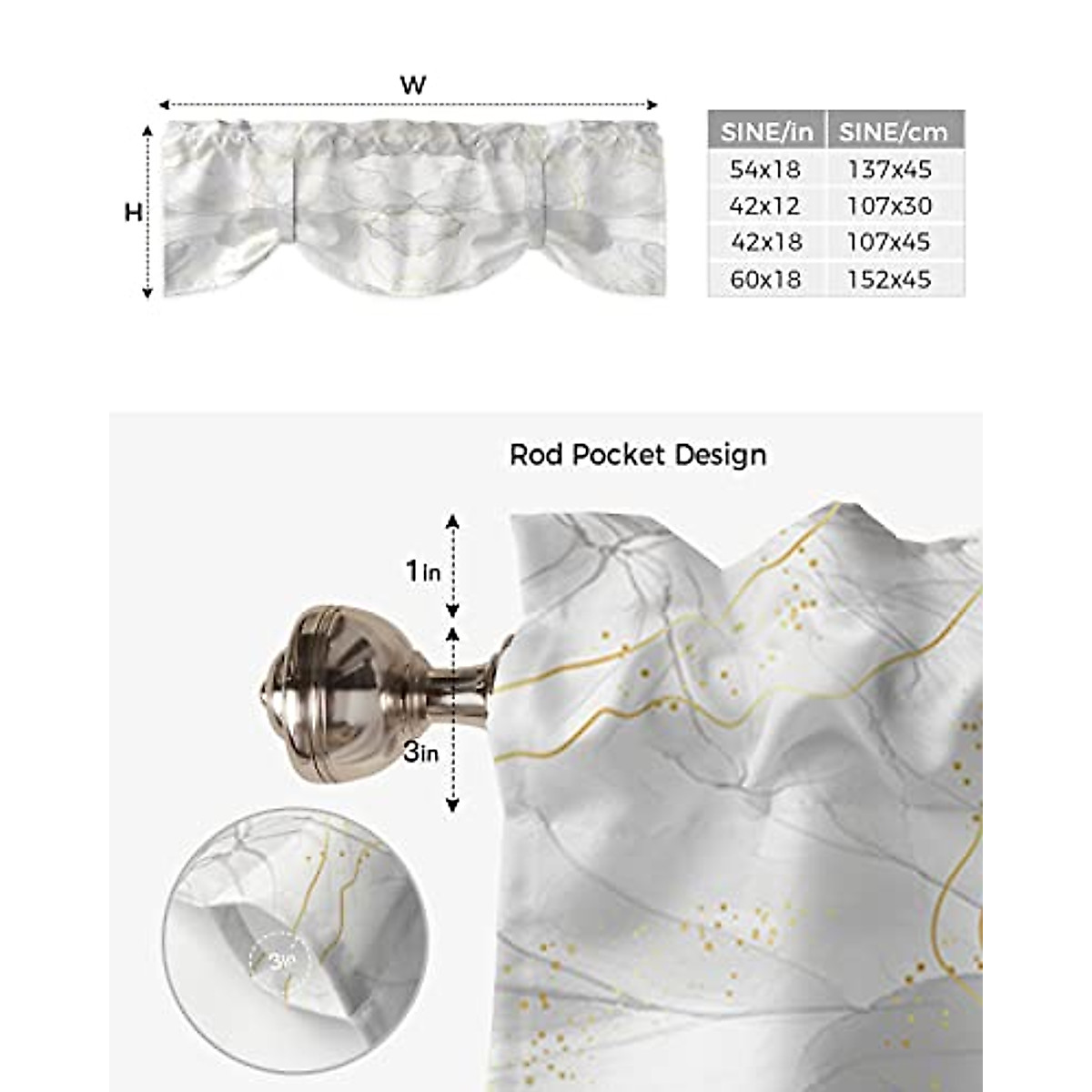 Tie Up Valance Curtains Abstract White Grey Marble Stone Kitchen Cafe Valances for Windows,Rod Pocket Adjustable Balloon Window Shades for Living Room Bathroom Natural Agate with Gold Line,1 Panel