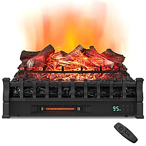 Tangkula 26” Electric Fireplace Log Set Heater with Remote, 5 Flame Modes & Brightness, Thermostat Control, 8H Timer, Realistic Lemonwood Ember Bed, Infrared Quartz Electric Fireplace Insert, 1500W