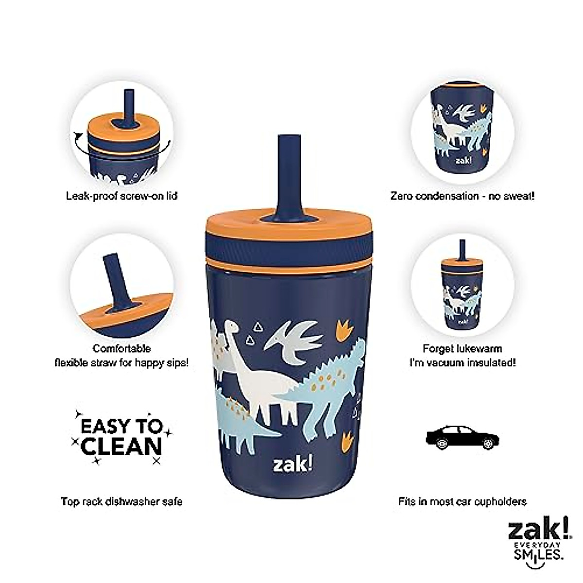 Zak Designs Kelso Toddler Cups For Travel or At Home, 12oz Vacuum Insulated Stainless Steel Sippy Cup With Leak-Proof Design is Perfect For Kids (Zaksaurus)