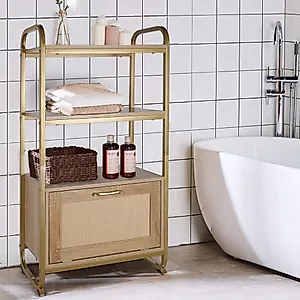 Oakrain Storage Cabinet, Kitchen Storage Cabinet with Door and Shelves, Farmhouse Rattan Cabinet Freestanding Storage Shelves for Kitchen, Bathroom, Home, Living Room