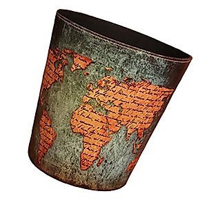 DOITOOL Retro Decorative Trash Can PU Leather Wastebasket Without Lid Waterproof Wastebasket 10 L/ 2.6 Gallon Capacity for Kitchen, Office, Living Room, Bedroom (Map)