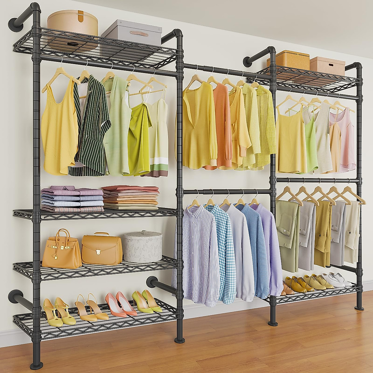 Timate F3 Garment Rack Heavy Duty Clothes Rack for Hanging Clothes, Expandable Industrial Pipe Wall Mounted Clothing Rack, Adjustable Storage Closet Wardrobe Closet Kit Walk in Closet Systems, Black
