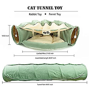 KUCDBUN Cat Tunnel Bed, 2-in-1 Collapsible Cat Tunnel Tubes Toys with Removable Mat for Pet Cats Kittens Puppies Rabbits Bunnies Ferrets (Matcha)