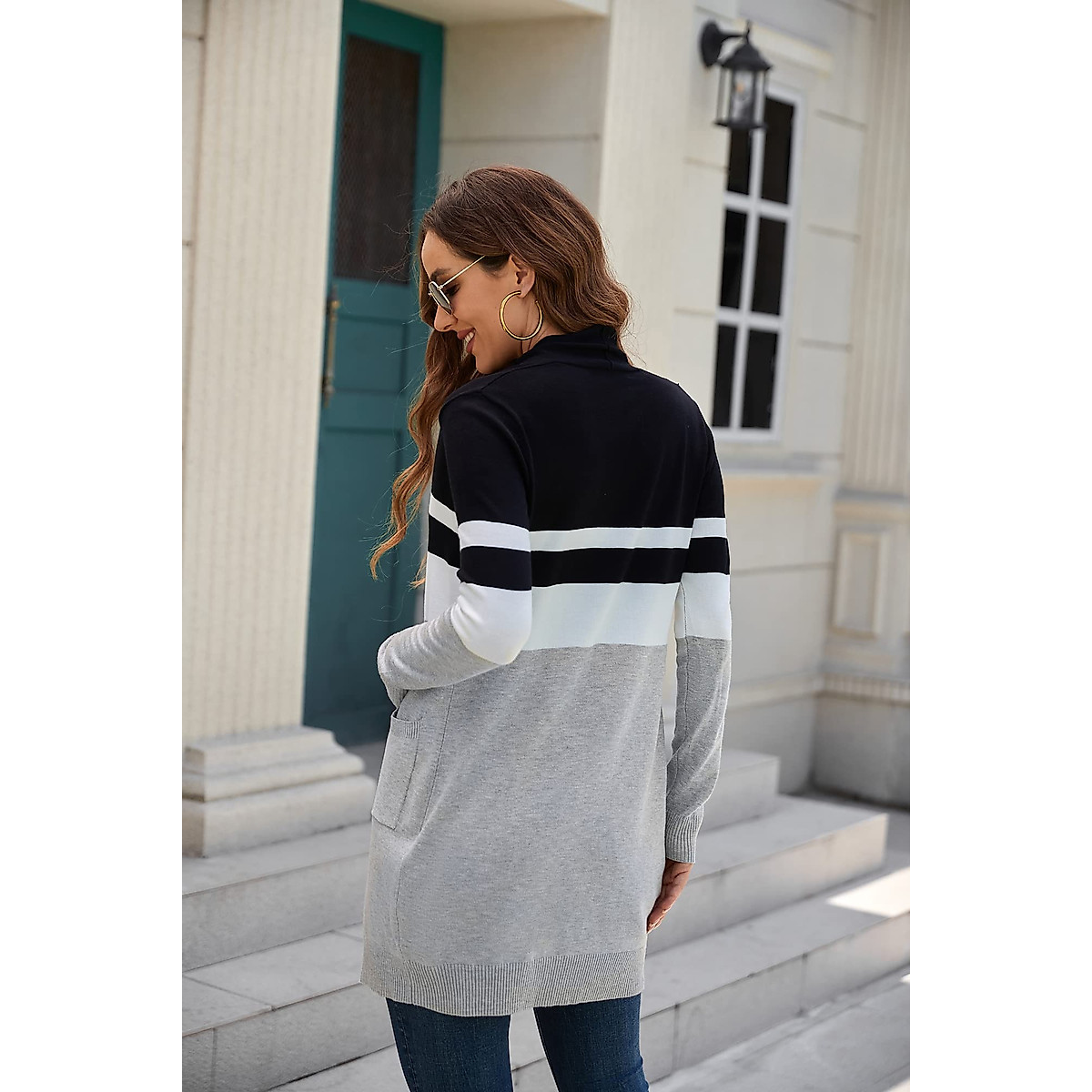 GRACE KARIN Women Cardigans Sweater Color Block Striped Loose Open Front Long Sleeve Cardigan Sweater Outwear Colorblock-14 XL