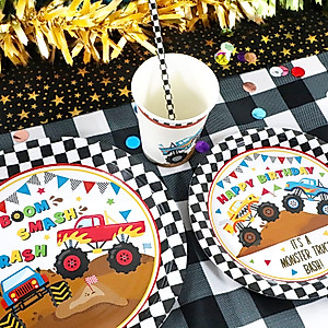 Monster Truck Party Supplies Decorations, Kids Birthday Paper Plates and Napkins Set with Cups and Straws for 24 Guests, 120 Pcs Disposable Party Dessert Dinnerwares