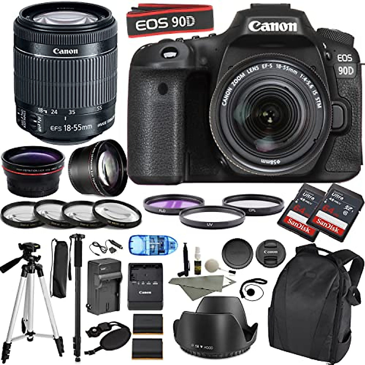 90D Digital SLR Camera Body with EF-S 18-55mm f/4-5.6 is STM Lens DSLR Kit Bundled with Complete Accessory Bundle (64GB, Travel Charger, Extra Battery, Camera Backpack)