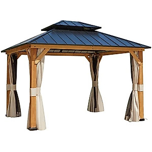 YOLENY 11' x 13' Spruce Wood Gazebo, Outdoor Hardtop Gazebo with Privacy Curtains and Mosquito Netting for Patio, Garden, Backyard, Poolside