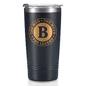 the Man the Myth the Legend Mug with Initials, Monogrammed Stainless Steel Travel Tumbler for Men, Funny Personalized Coffee Cup, Custom Beer Glass, Unique Birthday Christmas Gifts for Him, 20 oz, J