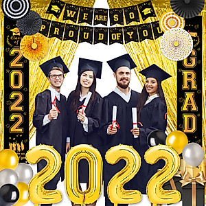 2022 Graduation Decorations kit -black and gold Graduation Party Decorations Supplies,Congrats Grad Banners,Balloons, Porch Sign,Foil Curtains,Huge 2022 School Graduation Party Set,48 Pcs