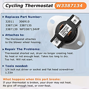 【Upgraded】 SUMNEW 3387134 High-Limit Thermostat 3392519 Dryer Thermal Fuse 3977393 Cut-Off Switch 3977767 Cycling Thermostat Compatible with Whirlpool Kenmore maytag Replaces Parts 3399693 PS345113