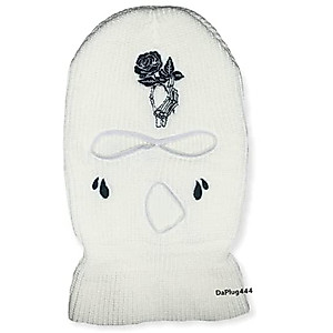 3-Hole Knitted White Dead Rose Full Face Cover Ski Mask, Winter Balaclava Warm Knit for Outdoor Sports (Sold by DaPlug444)