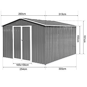 GLANZEND 10x8 FT Outdoor Metal Garden Shed, Galvanized Steel Large Storage Sheds with Lockable Doors, Weatherproof Tool House with Pitched Roof & Punched Vents for Backyard Lawn, Gray + White