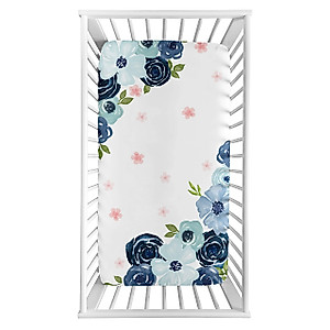 Sweet Jojo Designs Navy Blue and Pink Watercolor Floral Girl Fitted Crib Sheet Baby or Toddler Bed Nursery Photo Op - Blush, Green and White Shabby Chic Rose Flower