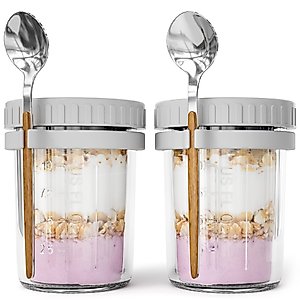 Overnight Oats Containers With Lid And Spoons | Mason Jars For Overnight Oats, Milk, Cereal| Small Containers with Lids | 10 OZ Each | Oatmeal Container | Includes Instructions & Recipes (Grey & Grey)