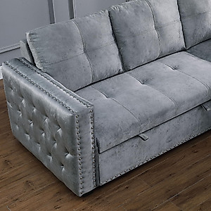 Morden Fort Sectional Sleeper Sofa with Pull Out Bed Storage, Queen Size 91 inches Sofa Bed, L-Shape Sectional Couch with Comfy Chaise Seat Sectional Sleeper Couch for Living Room, Velvet Grey