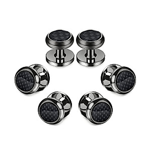 LOYALLOOK 8pcs Mens Carbon Fiber Cufflinks and Shirt Studs Set Tuxedo Shirts Business Wedding Black