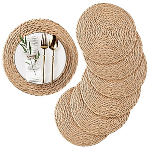 RUNTIVAN Round Woven Placemats Set of 6, Natural Water Hyacinth Place mats, 12 inch Rattan Placemats Wicker Placemats Farmhouse Boho Braided Heat Resistant Outdoor Placemat Patio Table Place Mats