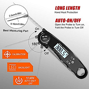 Meat Thermometer, Instant Read Food Thermometer with Backlight & Calibration Function, IP67 Waterproof Fast Digital Cooking Thermometer for Candy Beef BBQ Grilling Baking (Dark Black)