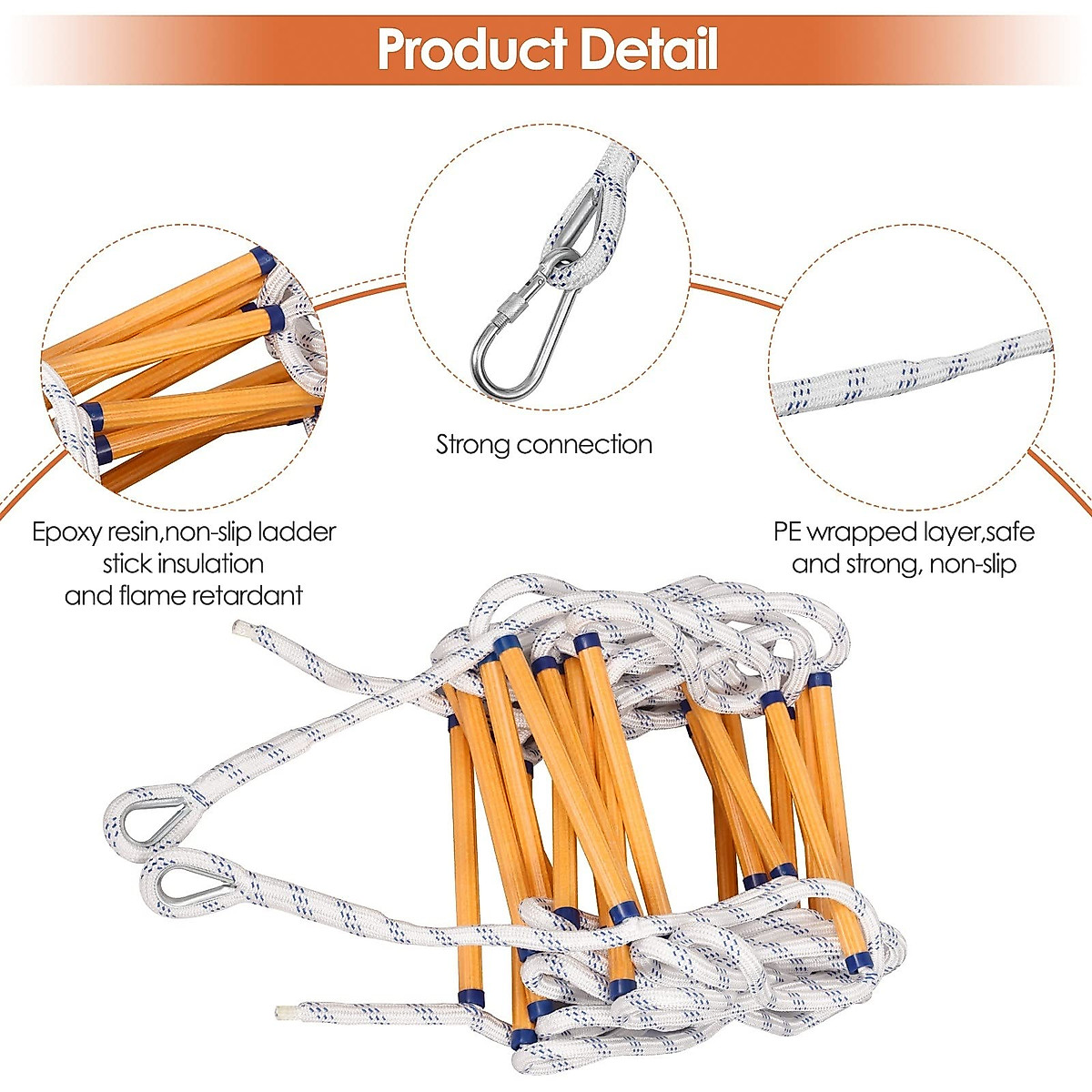 QCLUEU Emergency Fire Escape Ladder Flame Resistant Safety Extension Rope Ladder with 3 Hooks, 2-3 Story Homes Reusable Compact & Portable External Ladder (Size : 10FT/3M)