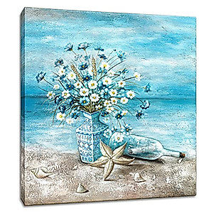 Muro Artes Bathroom Canvas Wall Art, 14x14Inch Blue Flower Canvas Wall Art for Bathroom, Ready to Hang Ocean Beach Floral Painting Canvas Art Wall Decor