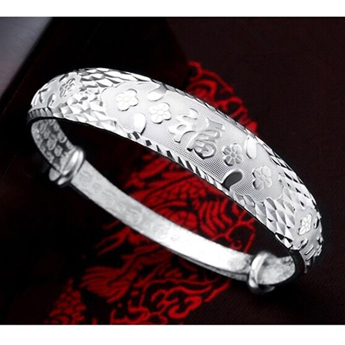 Retro 925 Sterling Silver Plated Chinese Happiness Carved Bangle Bracelet (JD5055)