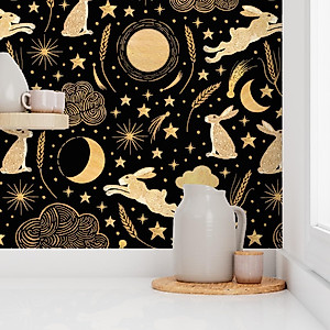 Peel & Stick Wallpaper 6ft x 2ft - Moon Hares Golden Black Stars Clouds Gold Night Custom Removable Wallpaper by Spoonflower