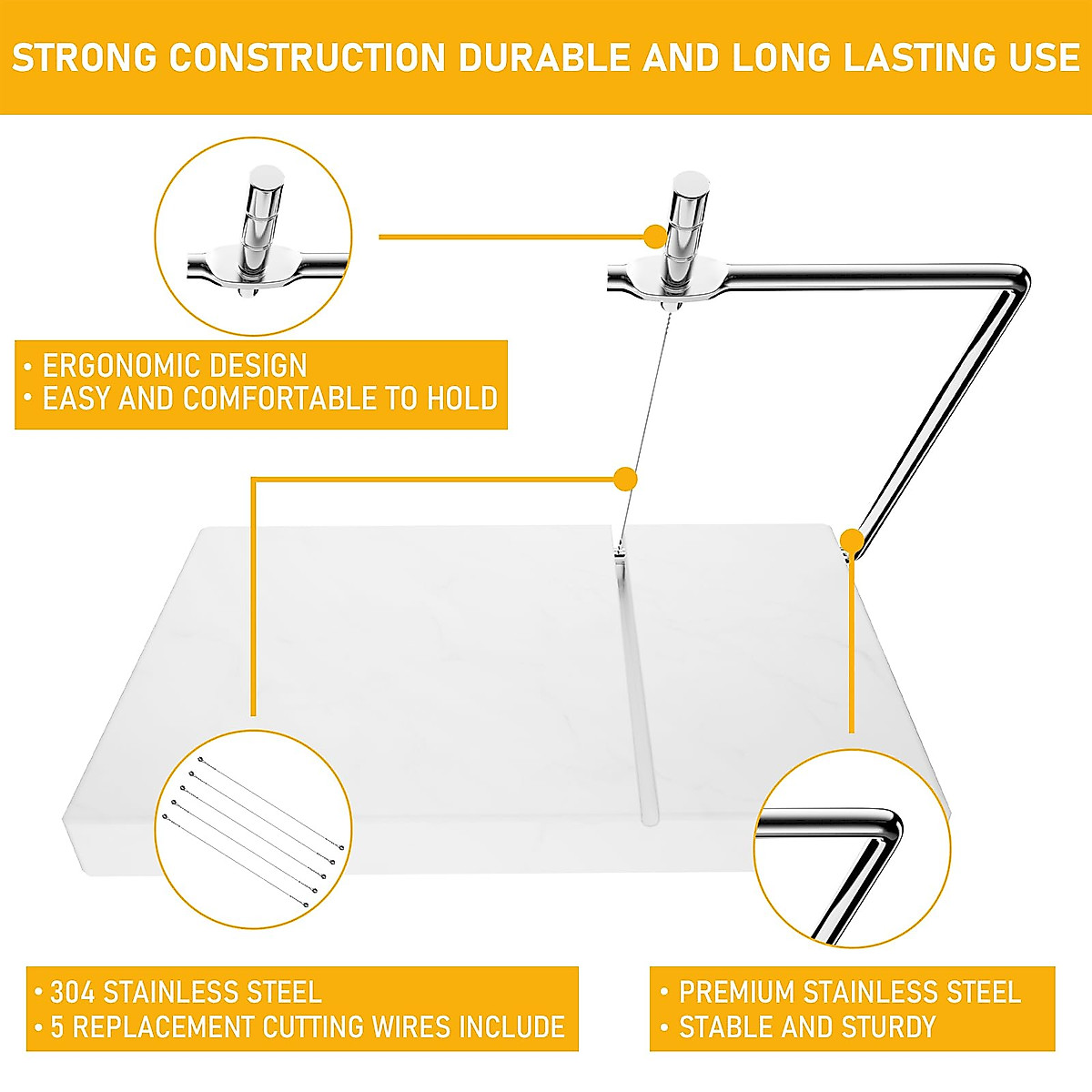 Cheese Slicer - Cheese Cutter with 5 Replacement Upgrade Thick Cutting Wires - Heavy Duty 5" x 8" Marble Board Cheese Slicer for Block Cheeses, Butter, Etc - Kitchen Gadget Cheese Slicer Tool - White
