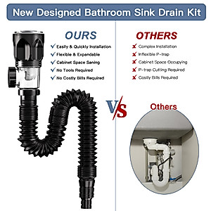 Miaphie Bathroom Sink Drain Kit, Bathroom Sink Drains with Flexible & Expandable P-Trap, Suitable for 1-1/4'' or 1-1/2'' PVC Drain Pipe, Pop Up Drain with Built-in Anti-clogging Stopper