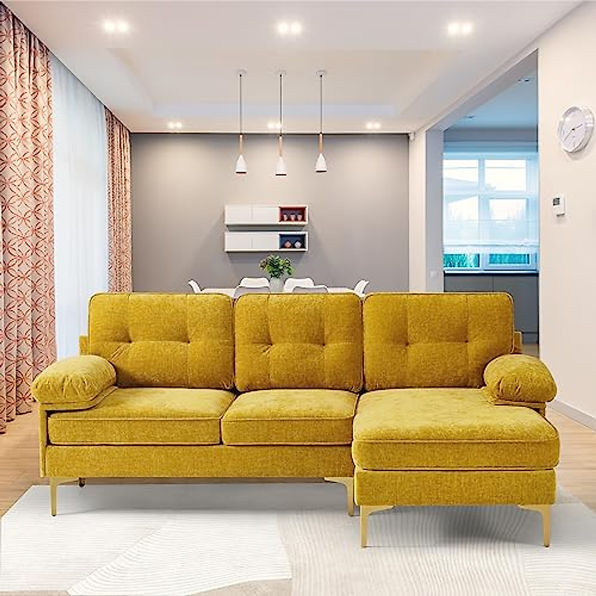 TEKAMON Yellow Sectional Sofa Couch for Living Room, Samll couches for Small Spaces, Chenille Fabric L- Shaped Sofa, Modern Loveseat Sofa with Chaise, Removable Covers，Convertible/Reversible Couch