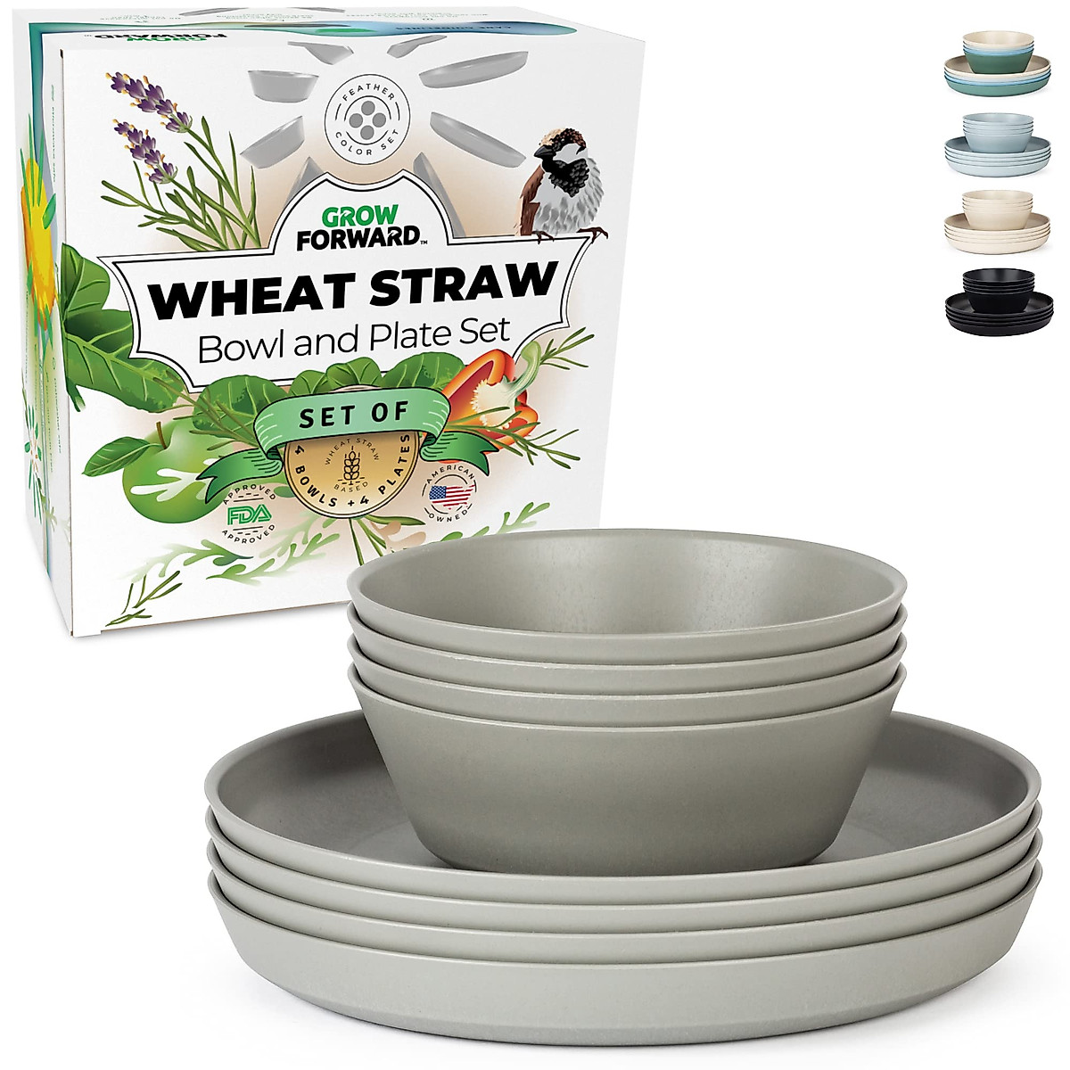 Grow Forward Premium Wheat Straw Plates and Bowls Sets - 8 Unbreakable Microwave Safe Dishes - Reusable Wheat Straw Dinnerware Sets - Plastic Plates and Bowls Alternative for Camping, RV - Feather