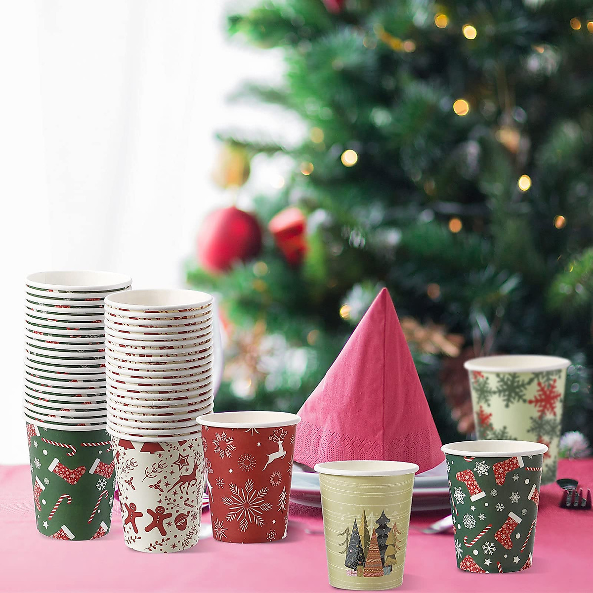 100 Pcs Christmas Paper Cups Disposable Cup 9 oz Christmas Coffee Cup Hot Chocolate Tea Drinking Paper Cups Christmas Party Supplies for Holiday Party Xmas Hot Cold Beverages