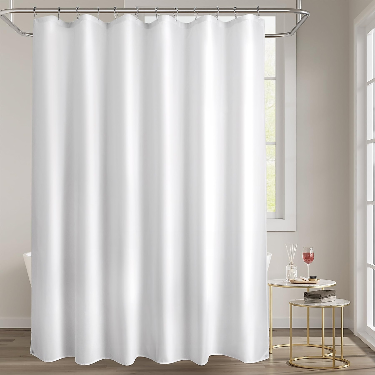 Titanker Fabric Shower Curtain Liner Washable, 70 x 72 Inches, White Shower Liner Fabric with 2 Magnets, Bathroom Polyester Shower Liner Waterproof Soft Lightweight, White