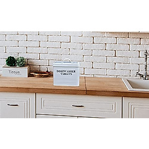 Metal Bin Dishwasher Pod Holder - Dishwasher Pods Container for farmhouse kitchen Decoration and Space Saving /White Dish Washer Tablets with Lid for Kitchen Storage & Organization Accessories