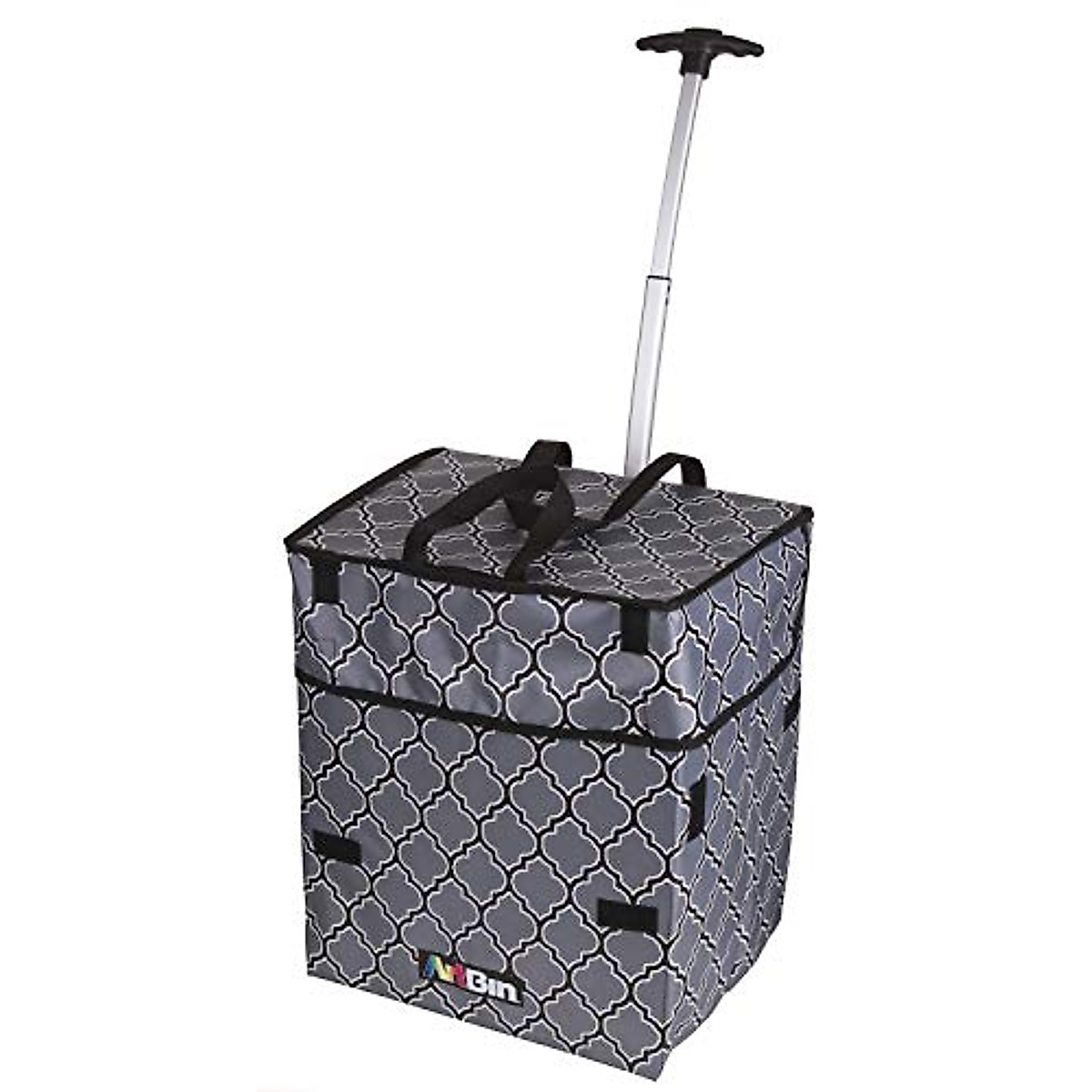 ArtBin 6822AG Rolling Tote, Lightweight Collapsible Art & Craft Storage Tote with Wheels, Retractable Handle, Shoulder Strap, Black/Gray Print