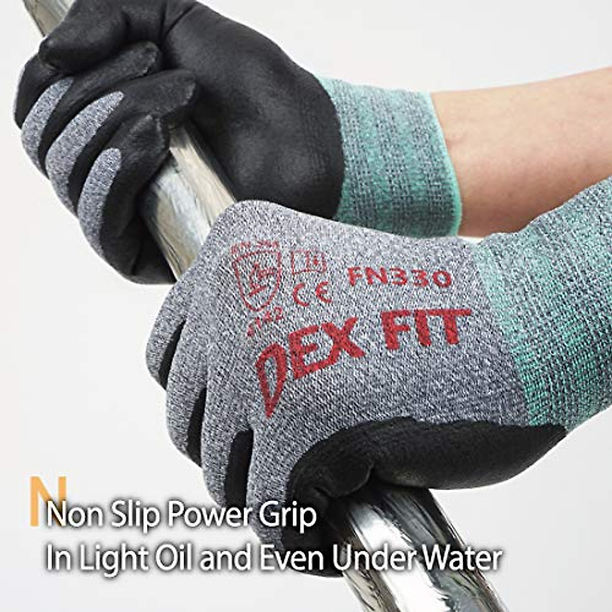DEX FIT Nitrile Work Gloves FN330, 3 Pairs, 3D-Comfort Stretchy Fit, Firm Grip, Thin & Lightweight, Touch-Screen Compatible, Durable, Breathable & Cool, Machine Washable; Grey M (8)