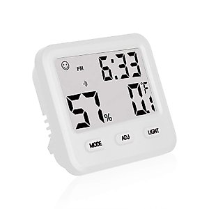 Digital Hygrometer Indoor Thermometer, Temperature Humidity Gauge with Desk Clocks for Bedroom Office,Backlit Accurate Monitor Clear Reading,Time Display Room Thermometer for Home Greenhouse(White)
