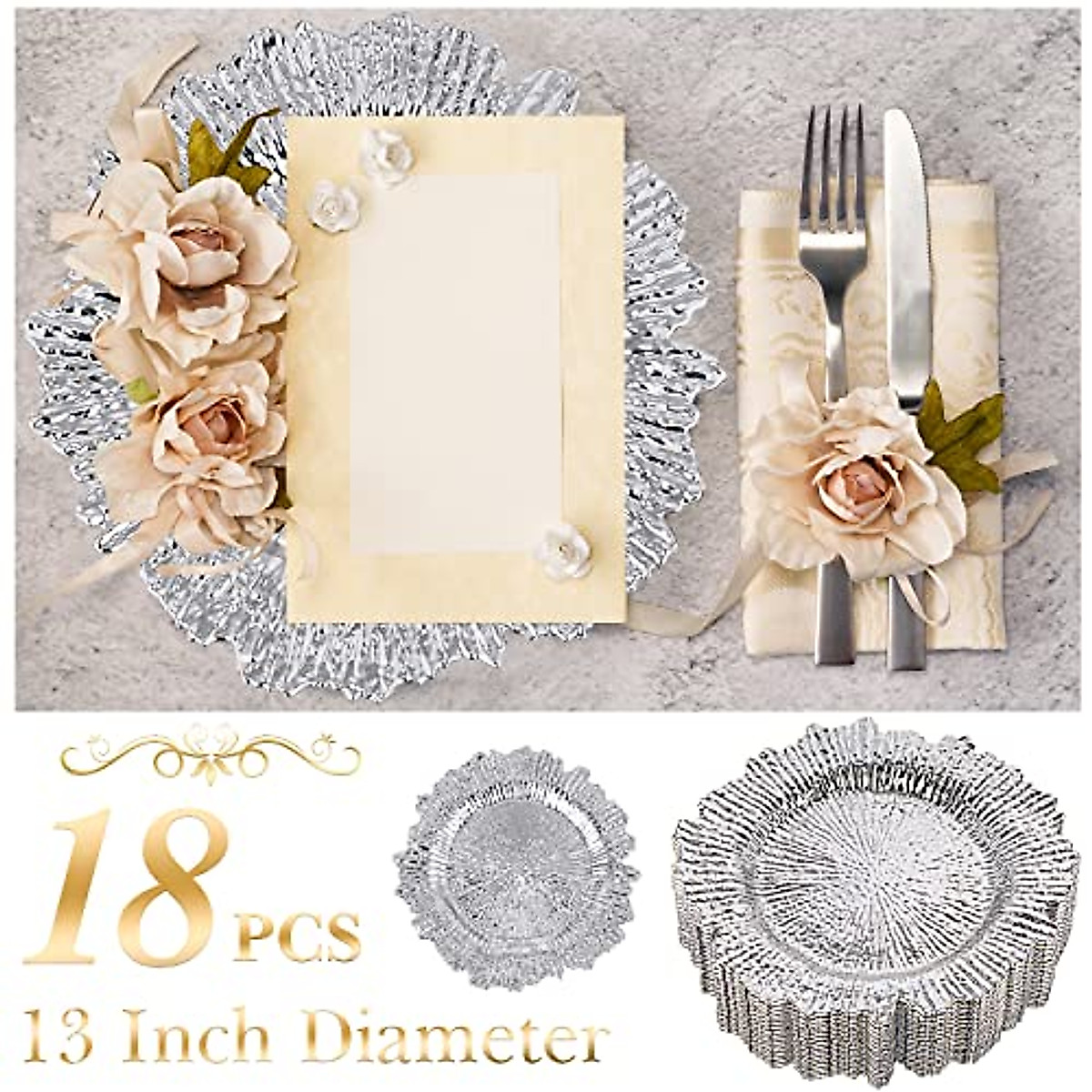 Mimorou 18 Pack Reef Charger Plates Plastic Snowflake Charger Plates Wedding Floral Charger Plates Decor for Christmas Dinner Wedding Party Event Supplies, 13 Inch (Silver)