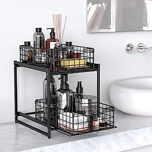 Deertaip Under Kitchen Sink Organizer and Storage with Sliding Drawer Stackable Pull Out Organizer for Cabinet, Bathroom, Countertop, Office, Black