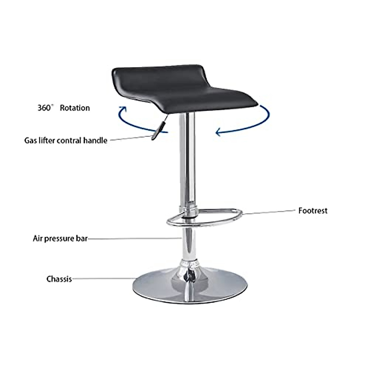 FurnitureR Set of 2 Bar Stools Chair with PU Leather and Chrome Base, Gaslift, for Pub Counter Kitchen Dining Room,Black