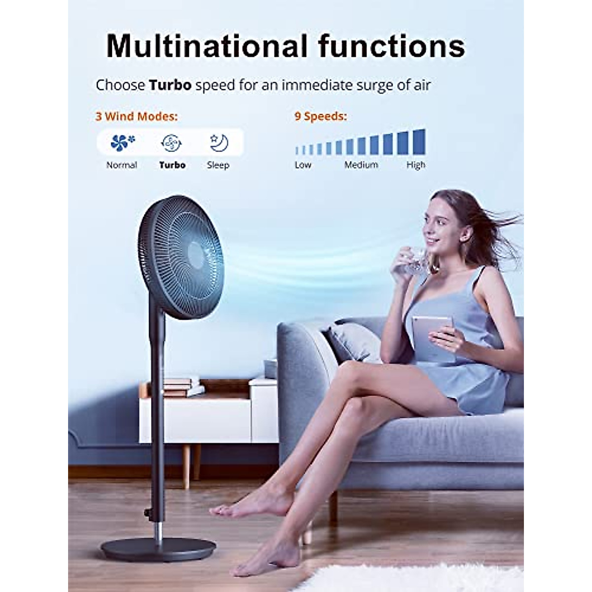 Delvit Standing fan,Oscillating Fan with Remote control,Quiet,Electric Pedestal 13 Speed Levels, 9-Hour Timer, 3 Wind Modes, 14-inch Adjustable Height for House Room Office Bedroom Use (Black)
